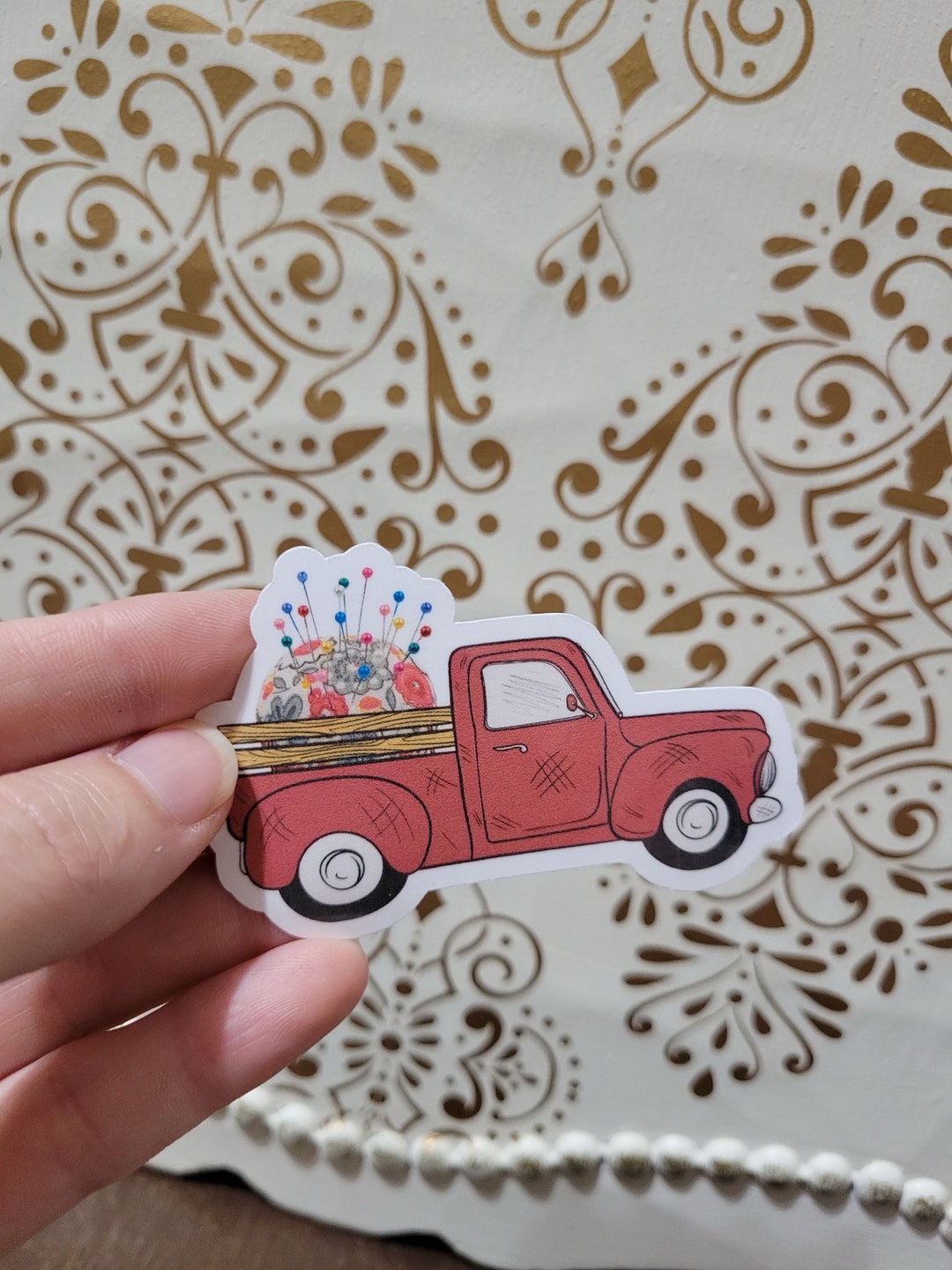 Vintage Pickup With Pin Cushion Sticker | Sewing Lover| Laptop Sticker ...