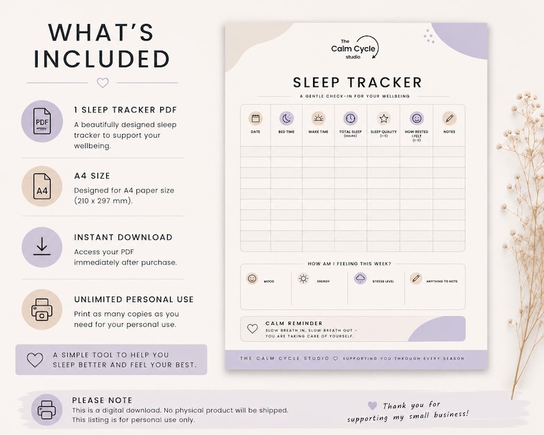 Sleep Tracker Printable PDF | A4 Sleep Log | Sleep Quality Journal ...