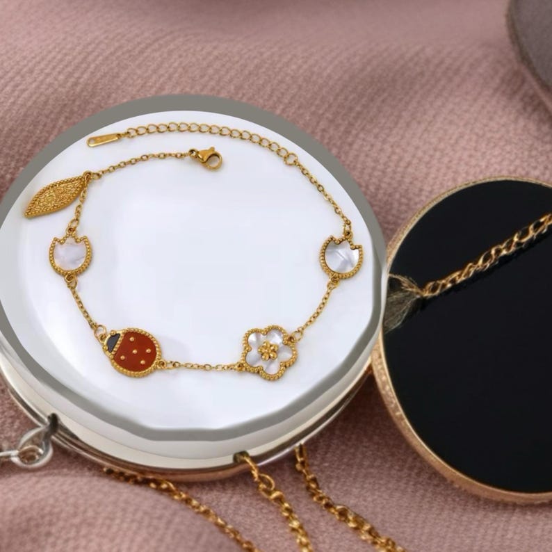 Ladybug & Leaf Bracelet | Gold and Silver Charm Anklet | Nature Lover ...
