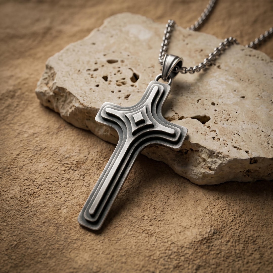 925 Sterling Silver Layered Cross Necklace, Oxidized Brutalist Crucifix ...
