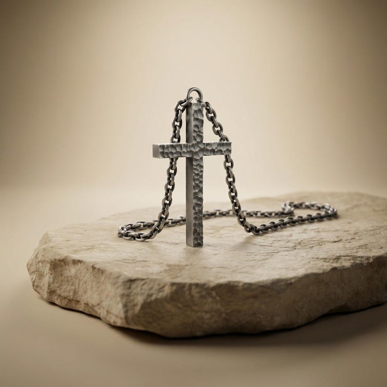 925 Sterling Silver Hammered Cross Necklace, Oxidized Textured Crucifix ...