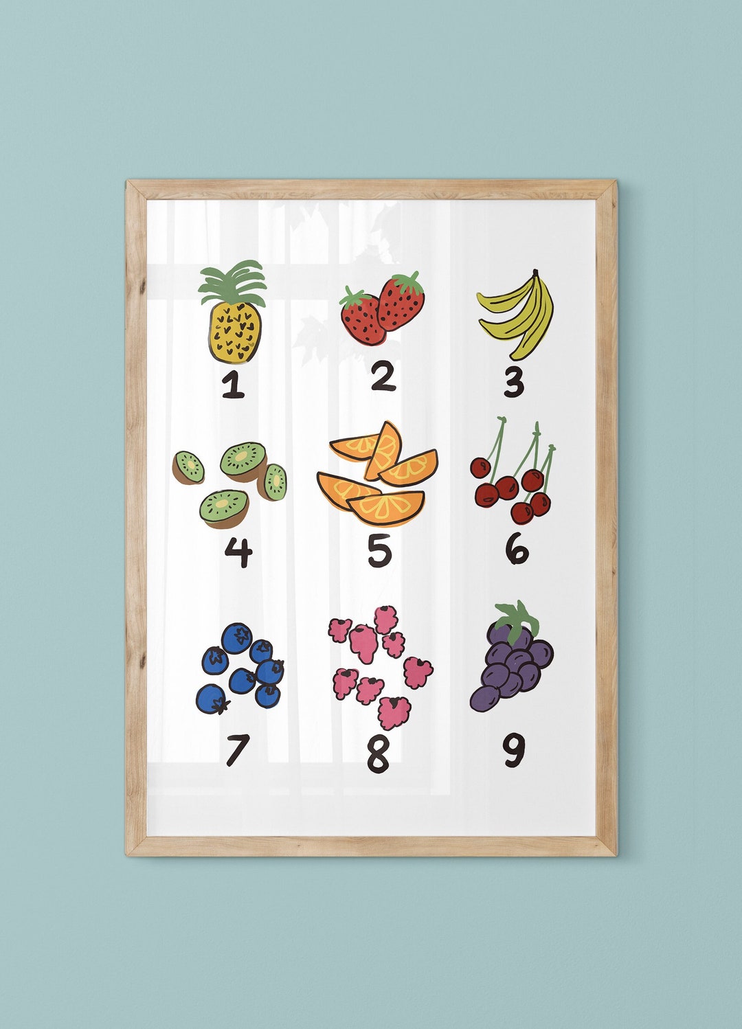 Fruit Numbers Kids Quirky Wall Art Block Watercolour A2 A3 Educational ...