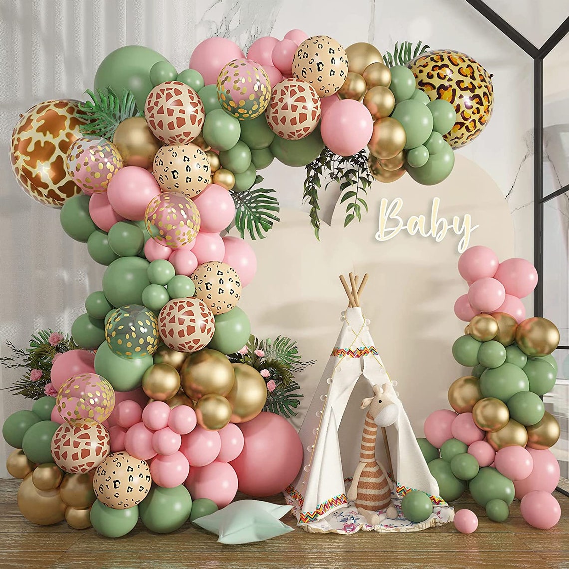 Sage Green Pink Balloons Arch Garland Kit Safari Animal - Etsy