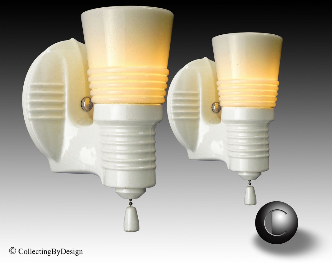 PAIR Porcelier Streamline Art Deco Porcelain Sconce Fixtures W/glass ...