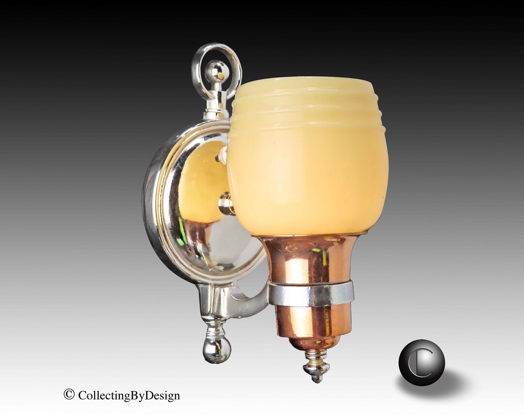 VINTAGE Machine Age Art Deco Chrome & Copper Sconce With Custard Glass ...