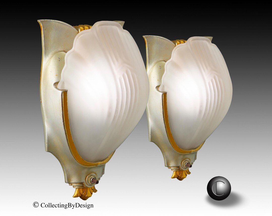 PAIR Art Deco MARKEL 3000 Line Slip Shade Sconces Light Fixtures C.1936 ...