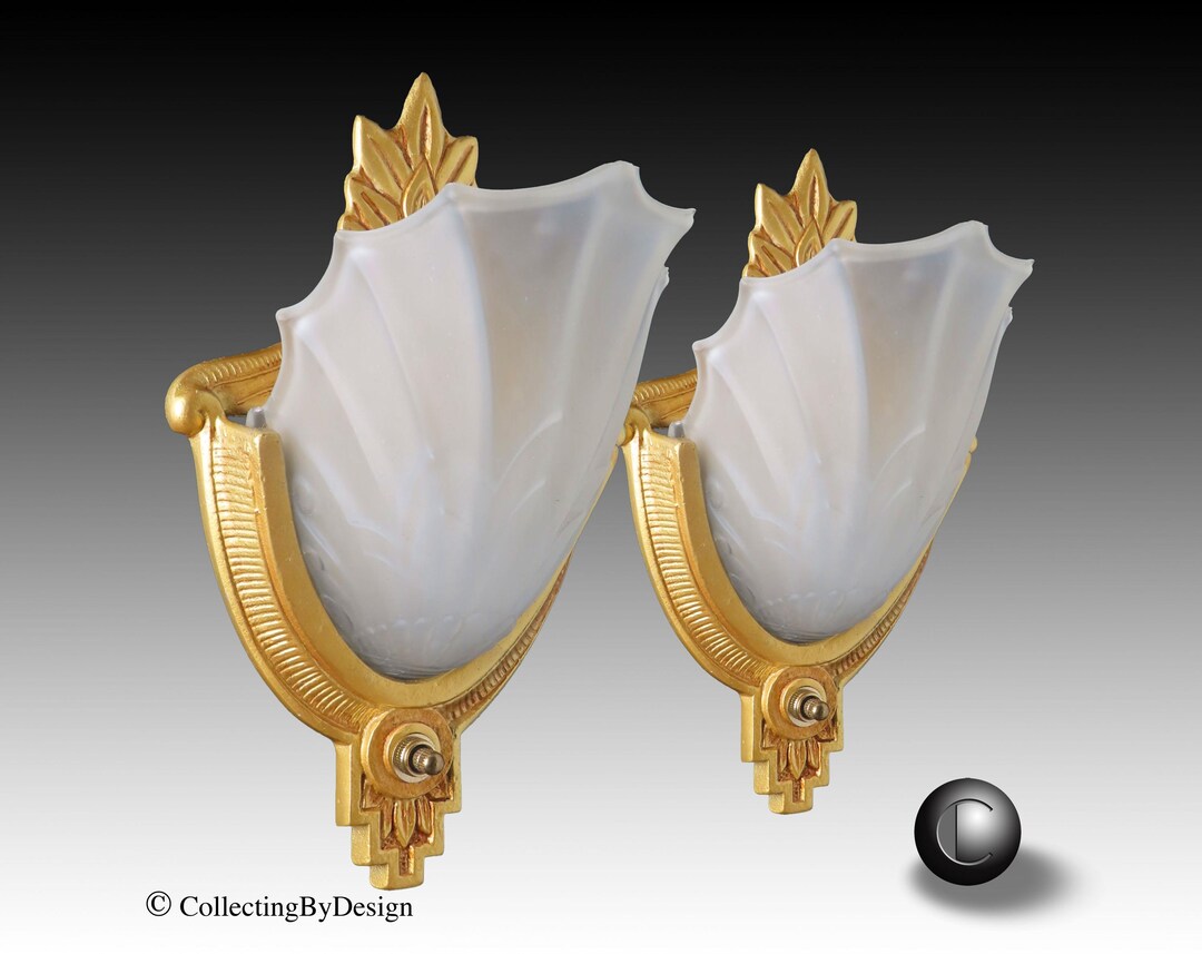 PAIR Art Deco ELECTROLIER Scalloped Slip Shade Sconces Light Fixtures C ...