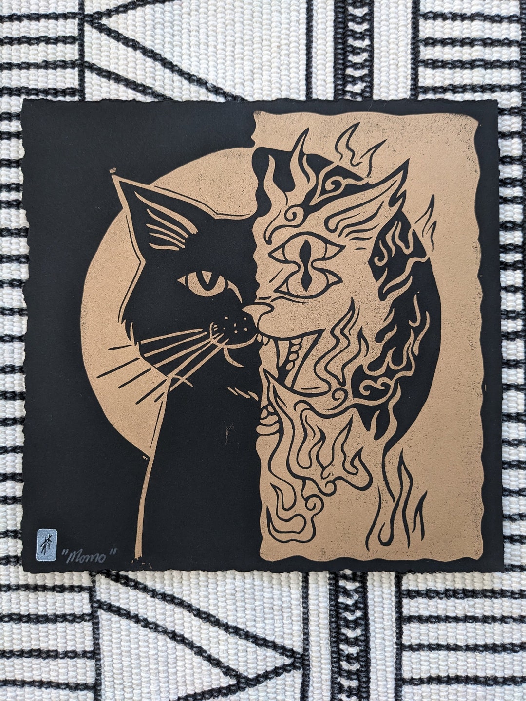 Linocut Print "momo" (gold Ink) 8x8 - Etsy