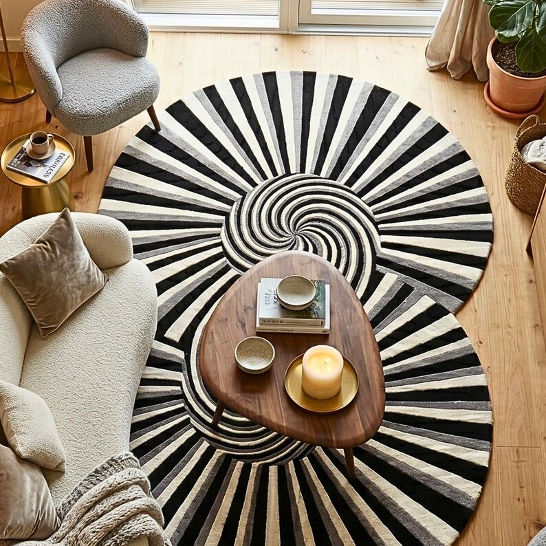 Optical Illusion Swirl Rug, Black White Sculpted Abstract Carpet ...