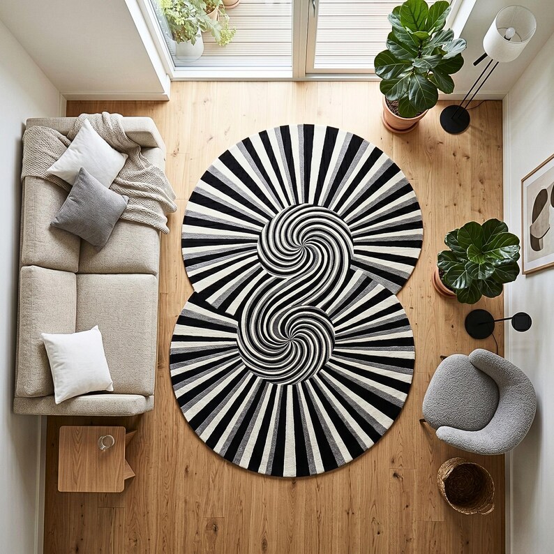 Optical Illusion Swirl Rug, Black White Sculpted Abstract Carpet ...