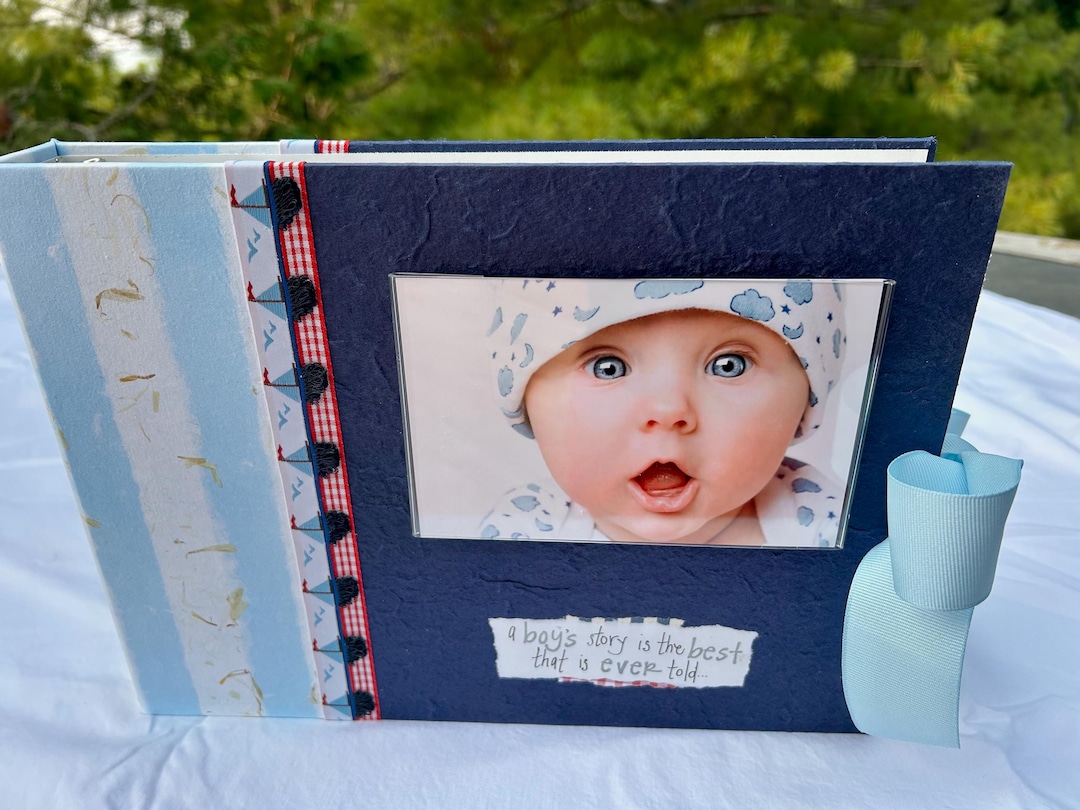 Baby Boy Nautical Memory Book. Boyish Blue and White Stripes. Sailboat ...