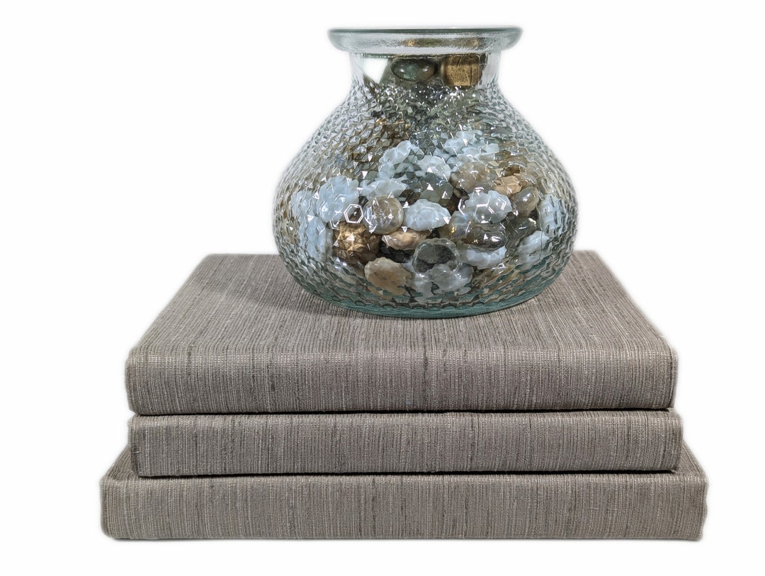 Taupe Beige Bookshelf Decor, Neutral Linen Fabric Books, Decorative ...