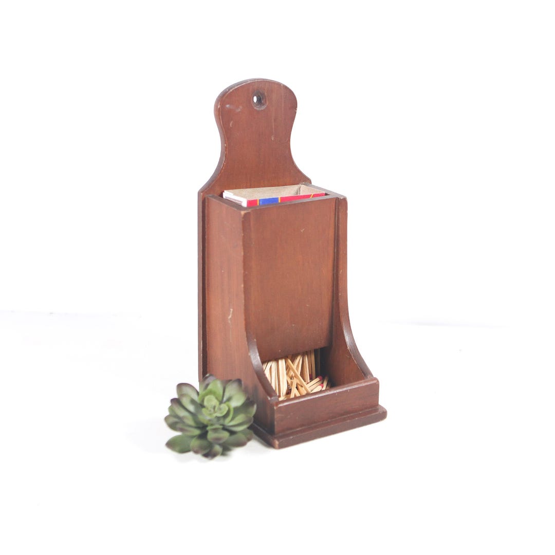 Vintage Wood Matchbox Holder Wood Match Wall Pocket Hanging Match Safe ...