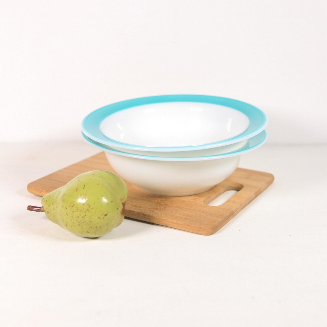 Vintage Pyrex Vegetable Bowls Turquoise Rim Serving Bowls Aqua Blue ...