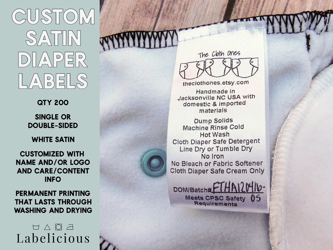 White Satin Diaper Label Custom Nappy Label Washing Instructions Care ...