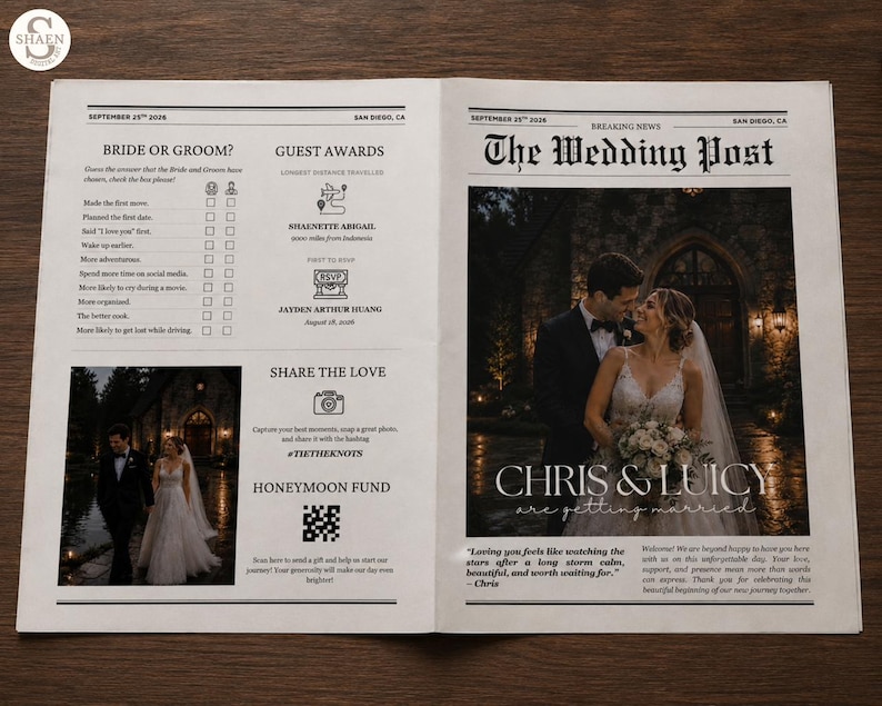 Editable Wedding Newspaper Template, Printable Canva Wedding Program ...