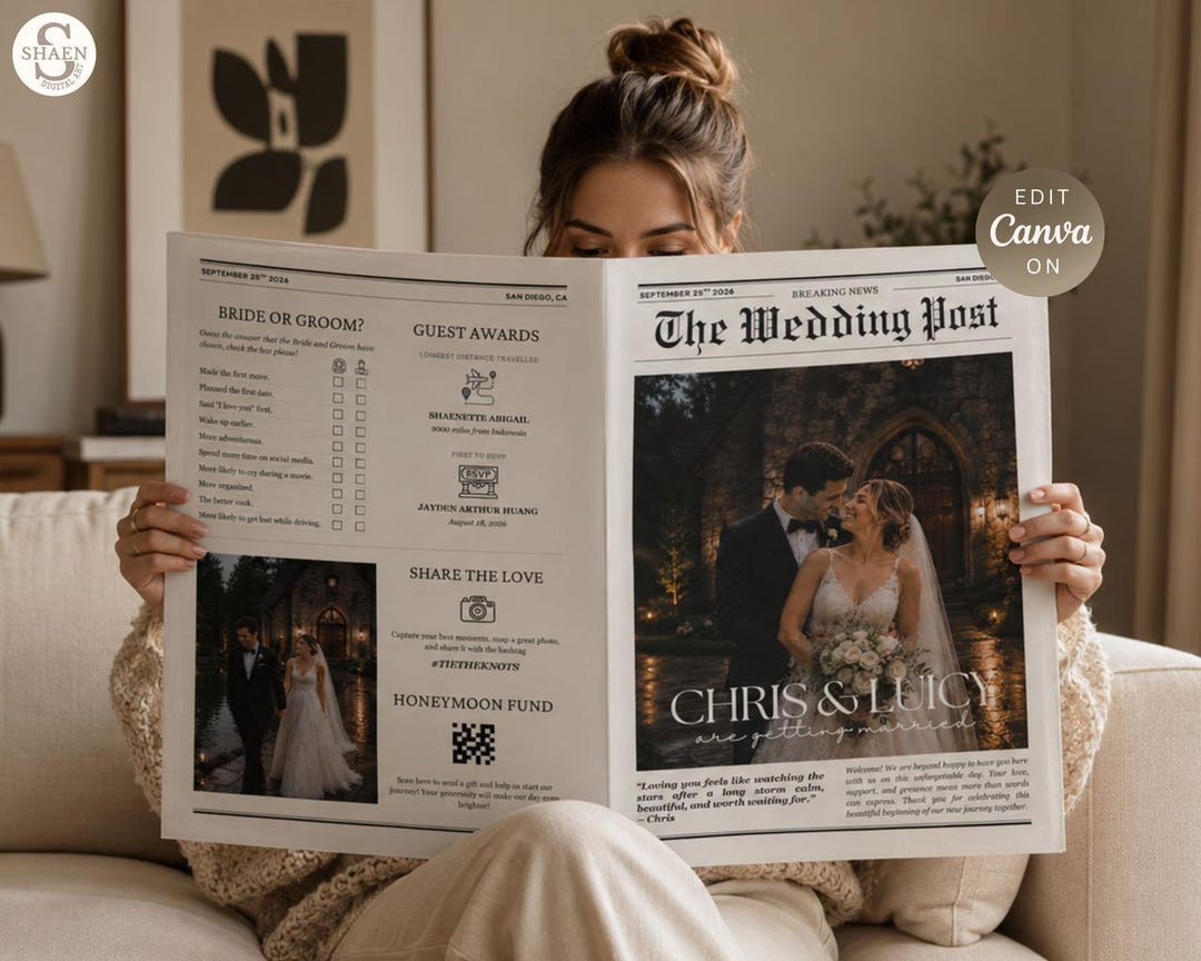 Editable Wedding Newspaper Template, Printable Canva Wedding Program ...