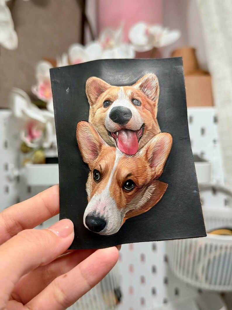 Custom Leather Corgi Portrait Keychain, Hand Carved Painted Dog Charm ...
