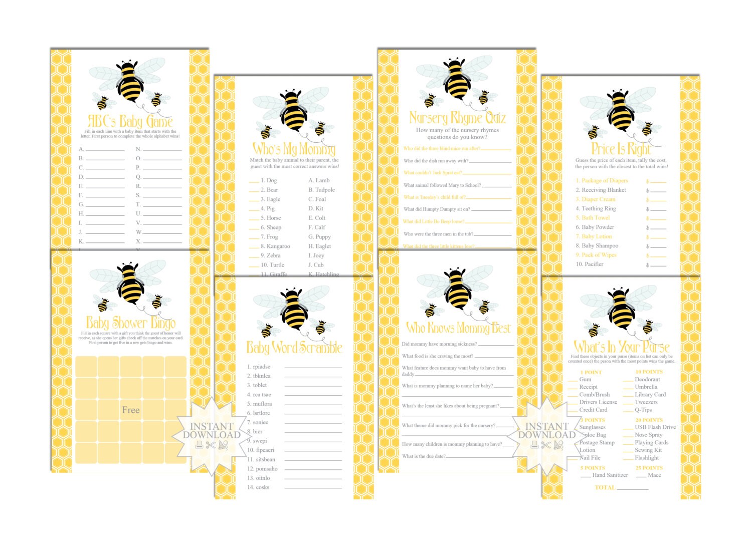 Bumble Bee Baby Shower Game Set-baby Girl or Boy Shower Games-baby ...