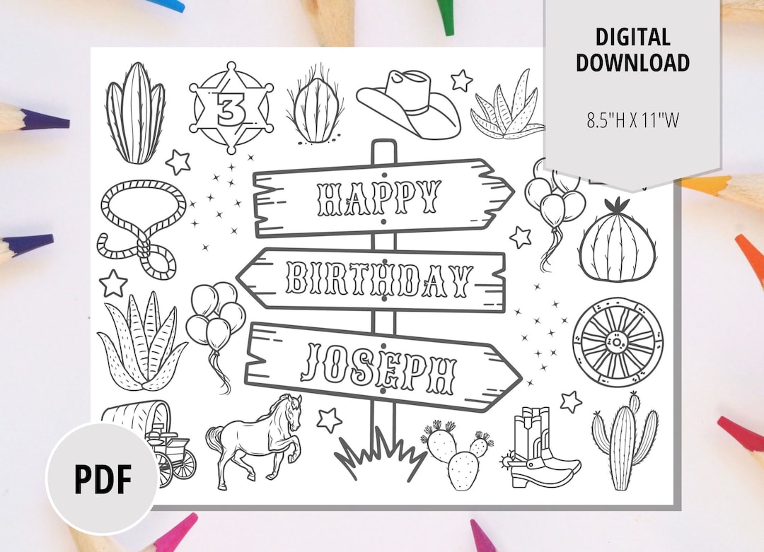 Western Birthday Party Coloring Page-kids Printable Activity Placemat ...
