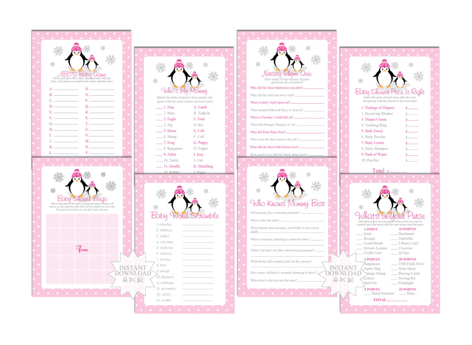 Penguin Baby Shower Game Set-pink & Grey Winter Baby Shower Games-baby ...