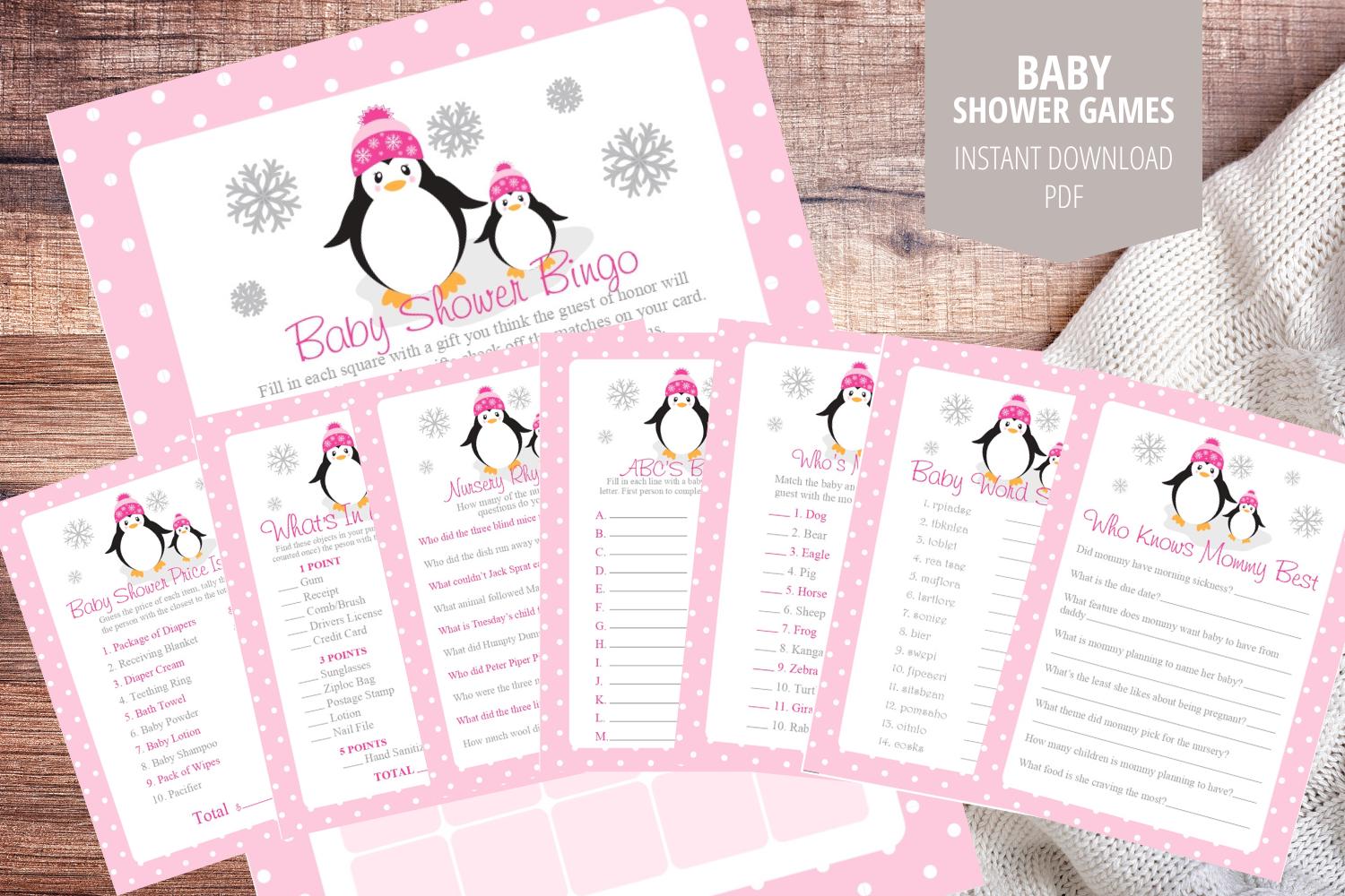 Penguin Baby Shower Game Set-pink & Grey Winter Baby Shower Games-baby ...