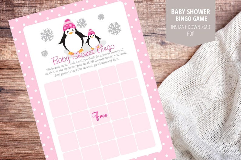 Penguin Baby Shower Bingo-baby Girl Shower Games-pink & Grey Baby ...