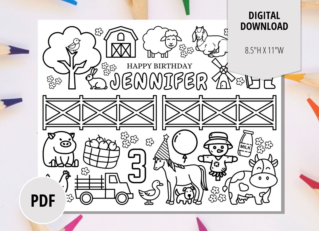 Barnyard Birthday Party Coloring Page-kids Printable Activity Placemat ...