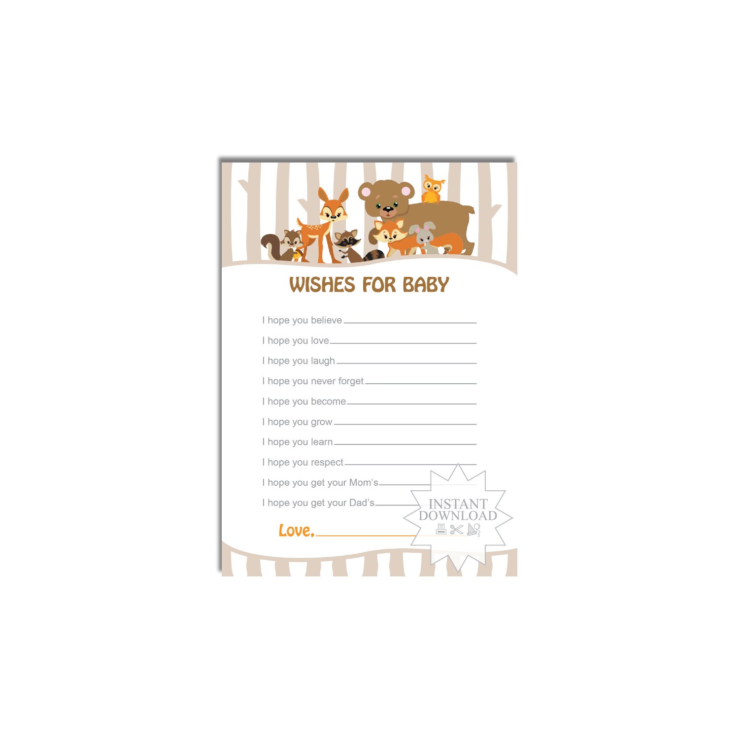 Forest Critters Baby Wish Card-forest Animals Well Wishes Card-instant ...
