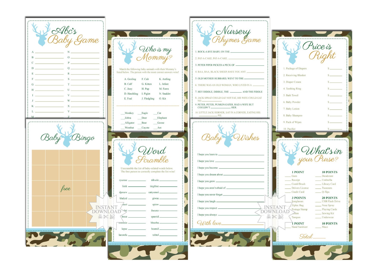 Deer Baby Shower Game Set-baby Boy Shower Games-camoflauge | Etsy