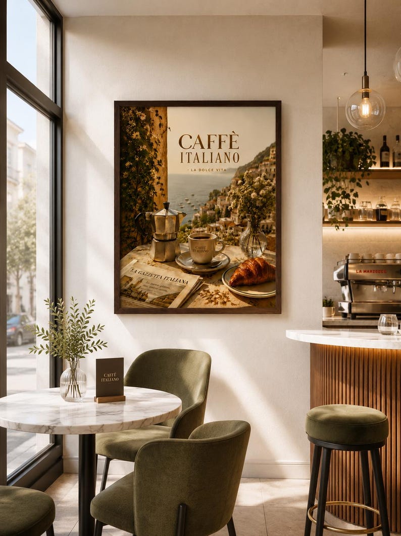 Italian Coffee Poster, Amalfi Coast Print, Mediterranean Kitchen Decor ...