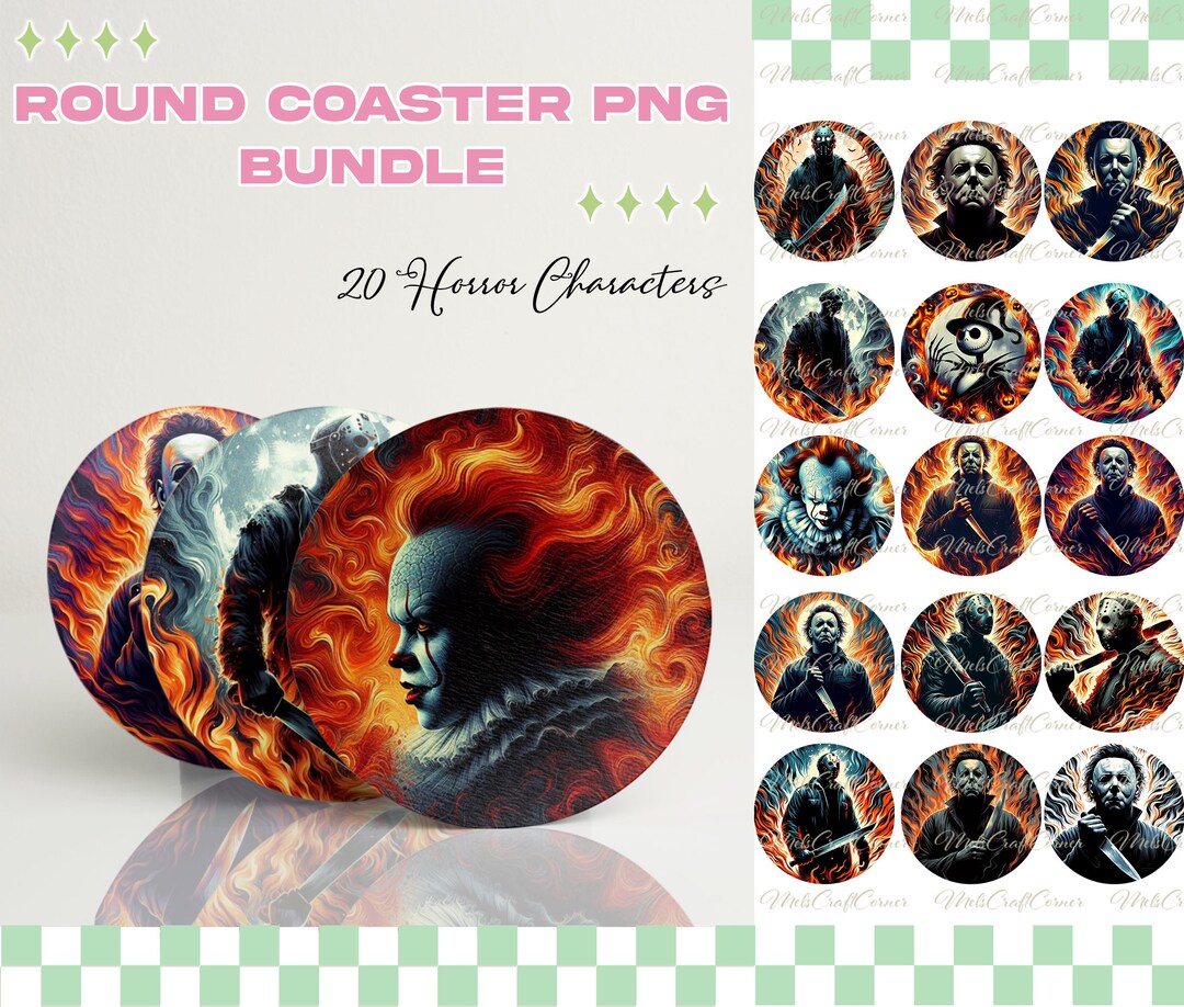 Horror Characters Circle Coasters PNG Bundle, Halloween PNG, Round ...