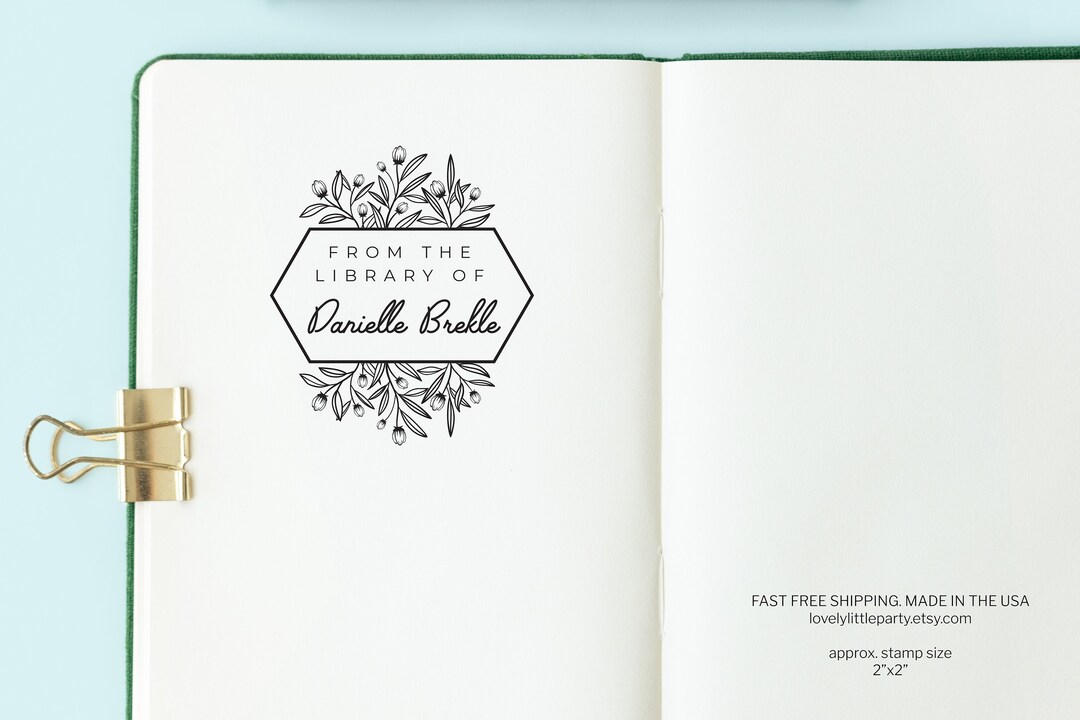Floral Hexagon Book Stamp, Library Stamp, Self Inking Book Stamp, Wood ...