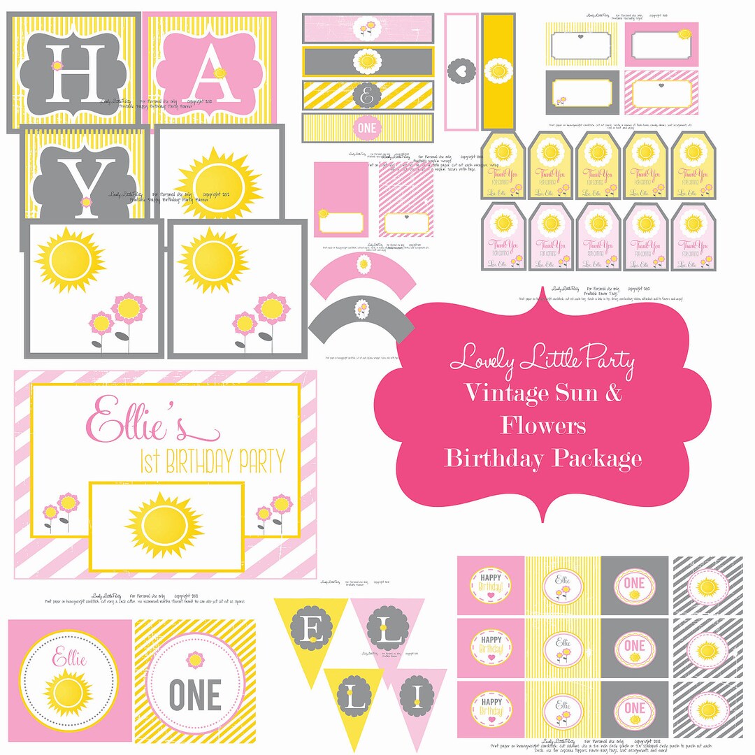 Personalized Printable Vintage Sun & Flowers Birthday Package - LOVELY ...