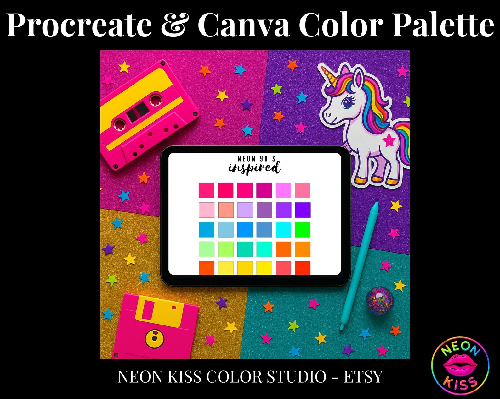 Neon 90s Color Palette for Procreate & Canva – 30 Colors With Hex Codes ...