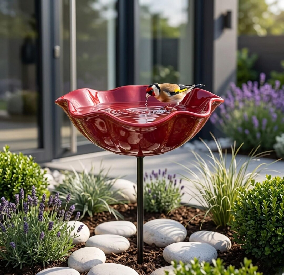 Red Flower Bird Bath Stake, Metal Garden Yard Decor, Bird Lover Gift ...