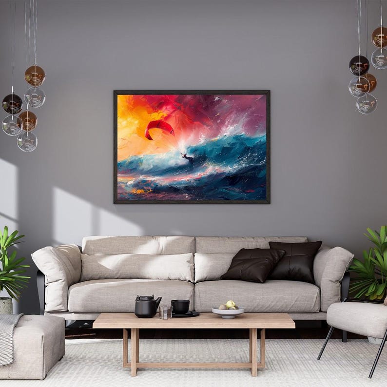 Kitesurfing Wall Art, Abstract Ocean Wave Print, Vibrant Extreme Sports ...