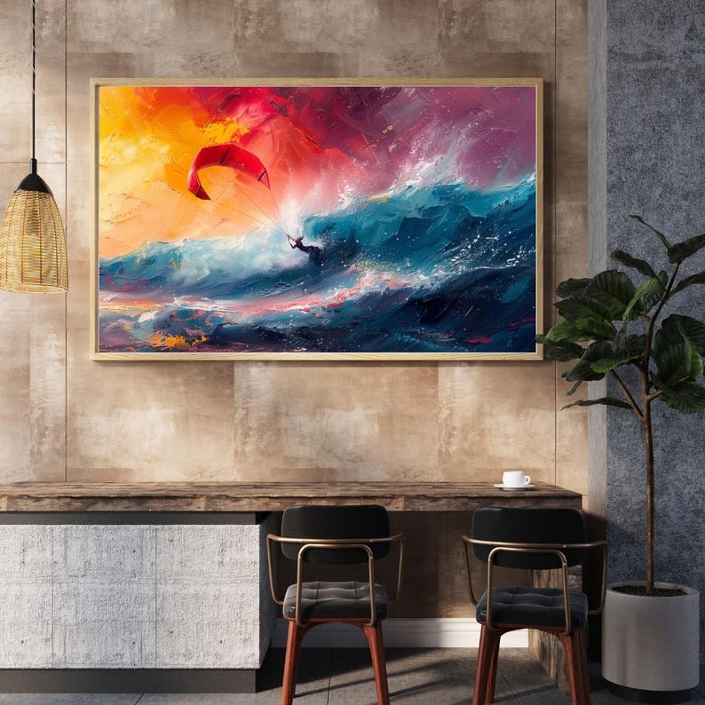 Kitesurfing Wall Art, Abstract Ocean Wave Print, Vibrant Extreme Sports ...