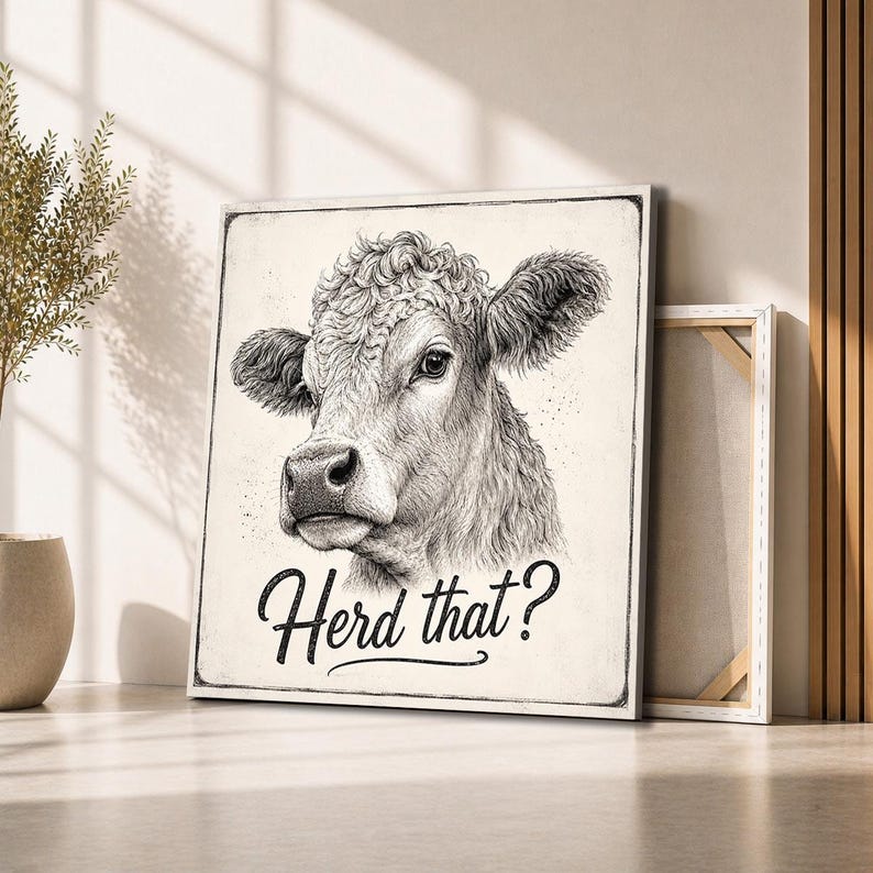 Herd That Cow Canvas Wall Art | Funny Farmhouse Cow Quote Print | Black ...