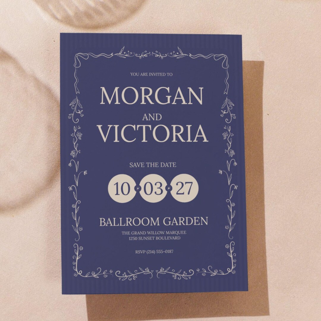 Blue Wedding Invitation Template Canva, Navy Elegant Editable Invite ...