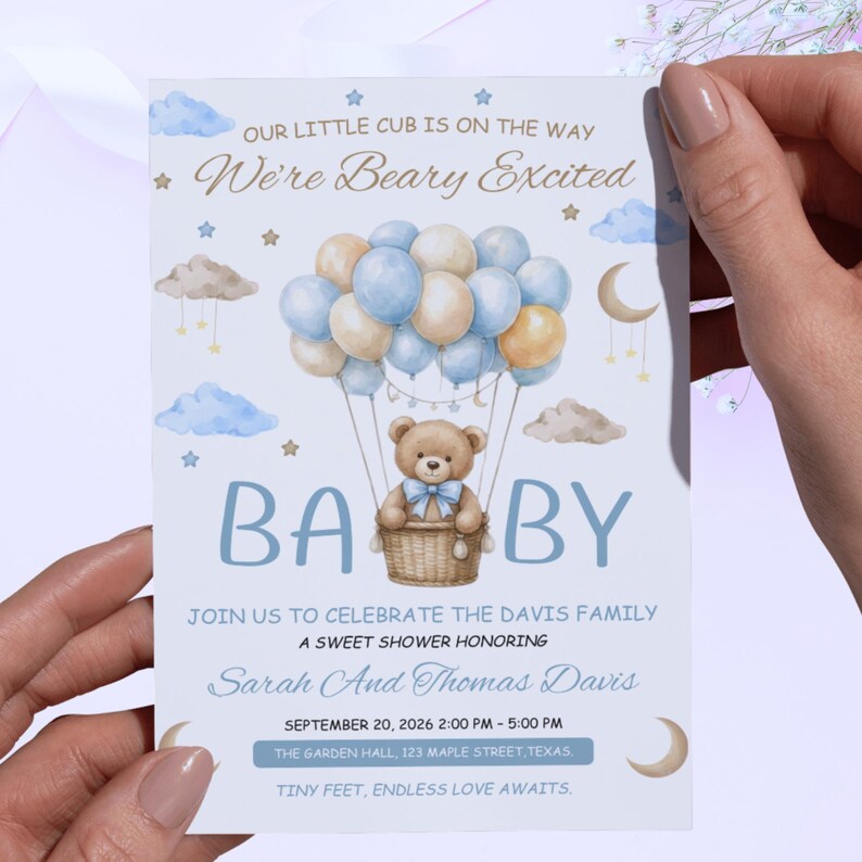 Excited Baby Shower Invitation, Blue Boy Bear Boho Canva Template ...