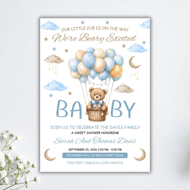 Excited Baby Shower Invitation, Blue Boy Bear Boho Canva Template ...