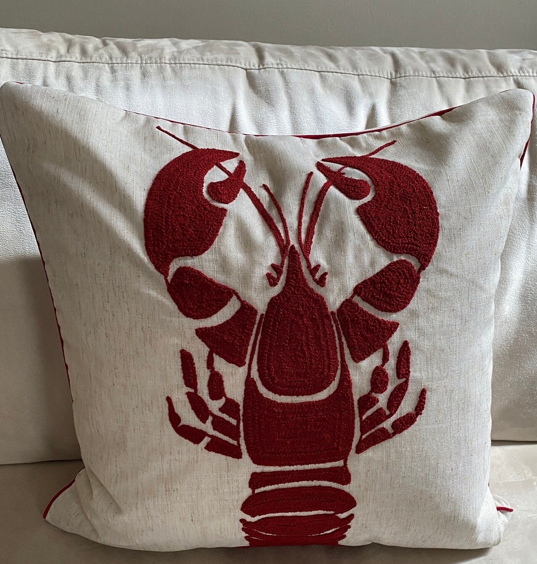 Embroidered Nautical Lobster Decor Pillow Cover, Square 20 Inches ...