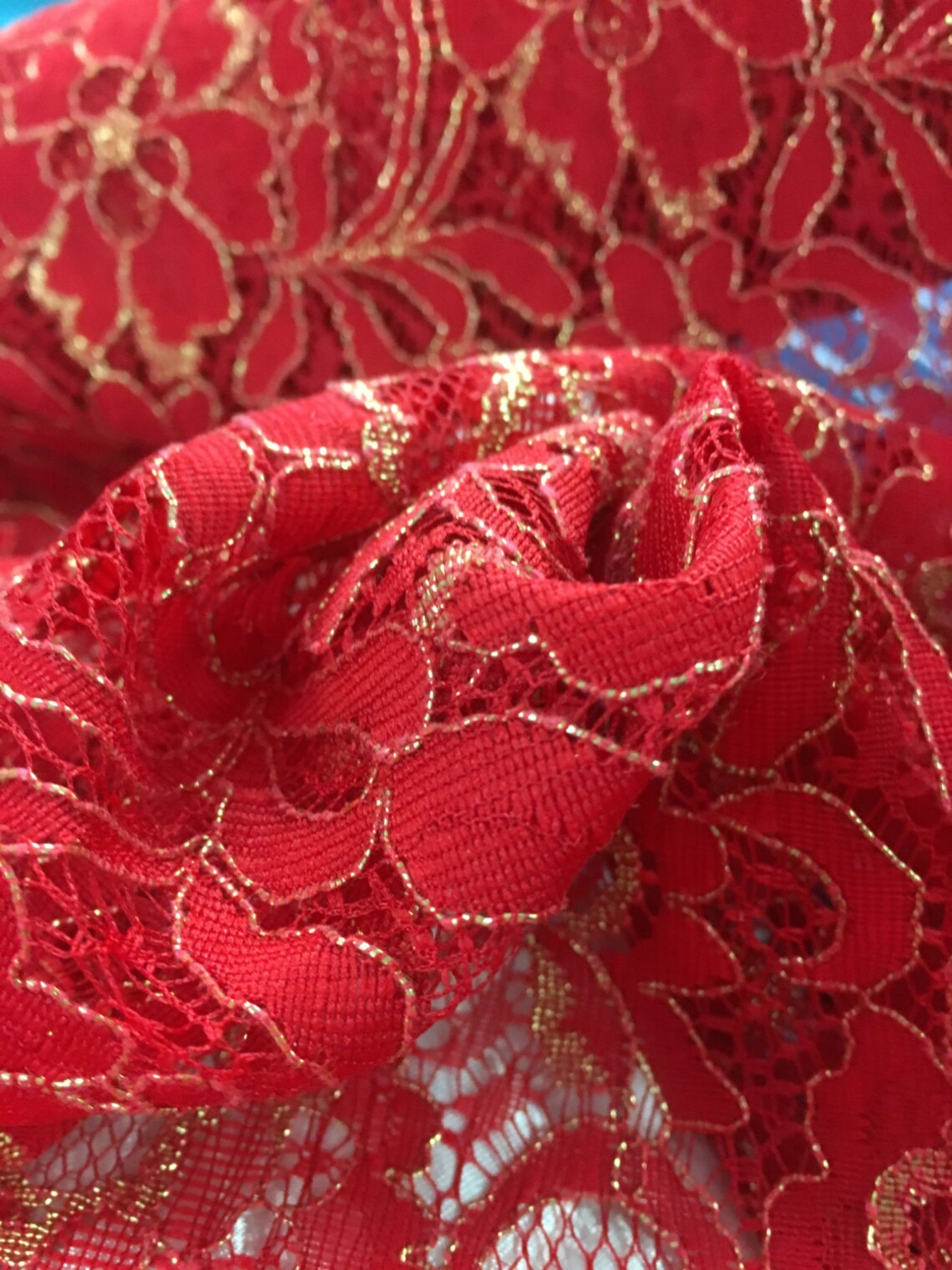 Red and Metallic Gold Alencon Lace Fabric | Etsy