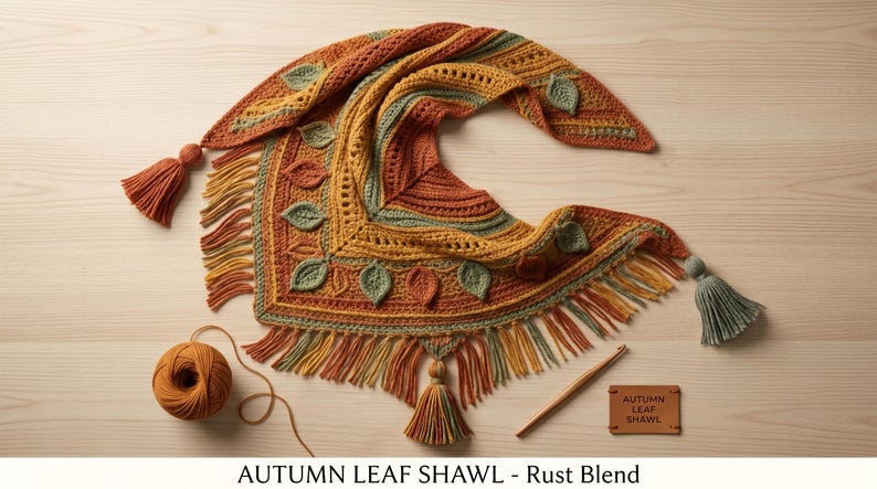 Autumn Leaf Triangle Shawl Crochet Pattern: Botanical Fringe Scarf ...