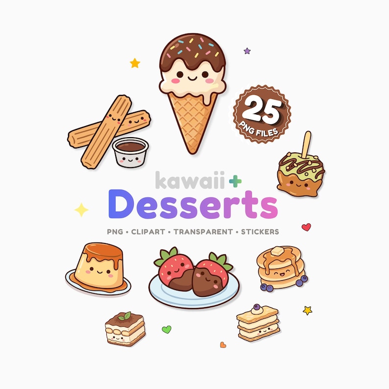 Dessert Clipart PNG Bundle, 25 Kawaii Sweet Food Stickers, Bakery ...