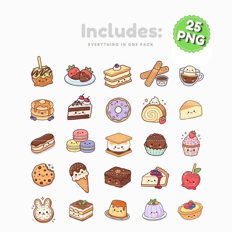 Dessert Clipart PNG Bundle, 25 Kawaii Sweet Food Stickers, Bakery ...