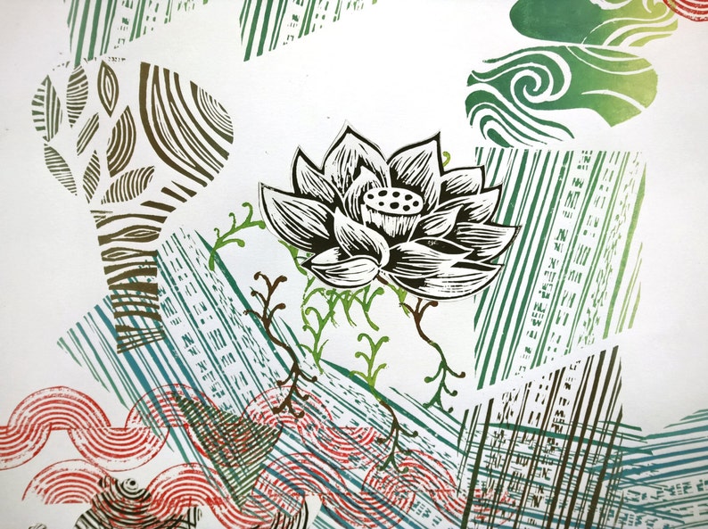 Lino Print Monoprint Collage Fine Art 19x13inch Lotus Abstract ...