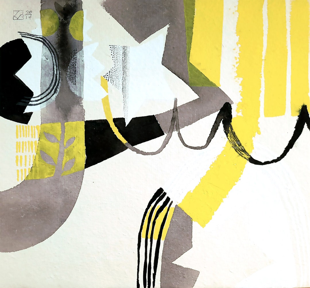 Yellow Abstract Landscape Original Art Small Mixed Media Painting on ...