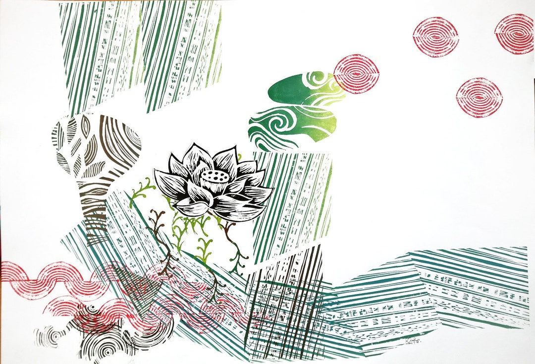 Lino Print Monoprint Collage Fine Art 19x13inch Lotus Abstract ...